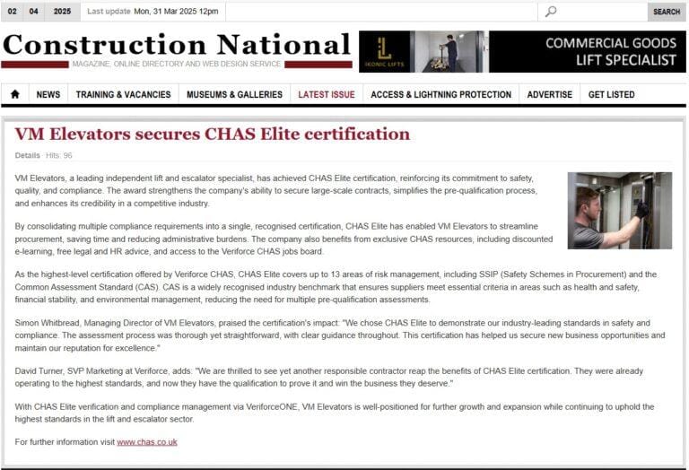 VM Elevators | Featured in Construction National Magazine